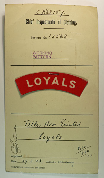 LOYALS Regiment WW2 Printed Shoulder Title Badge on Sealed Pattern Card ...